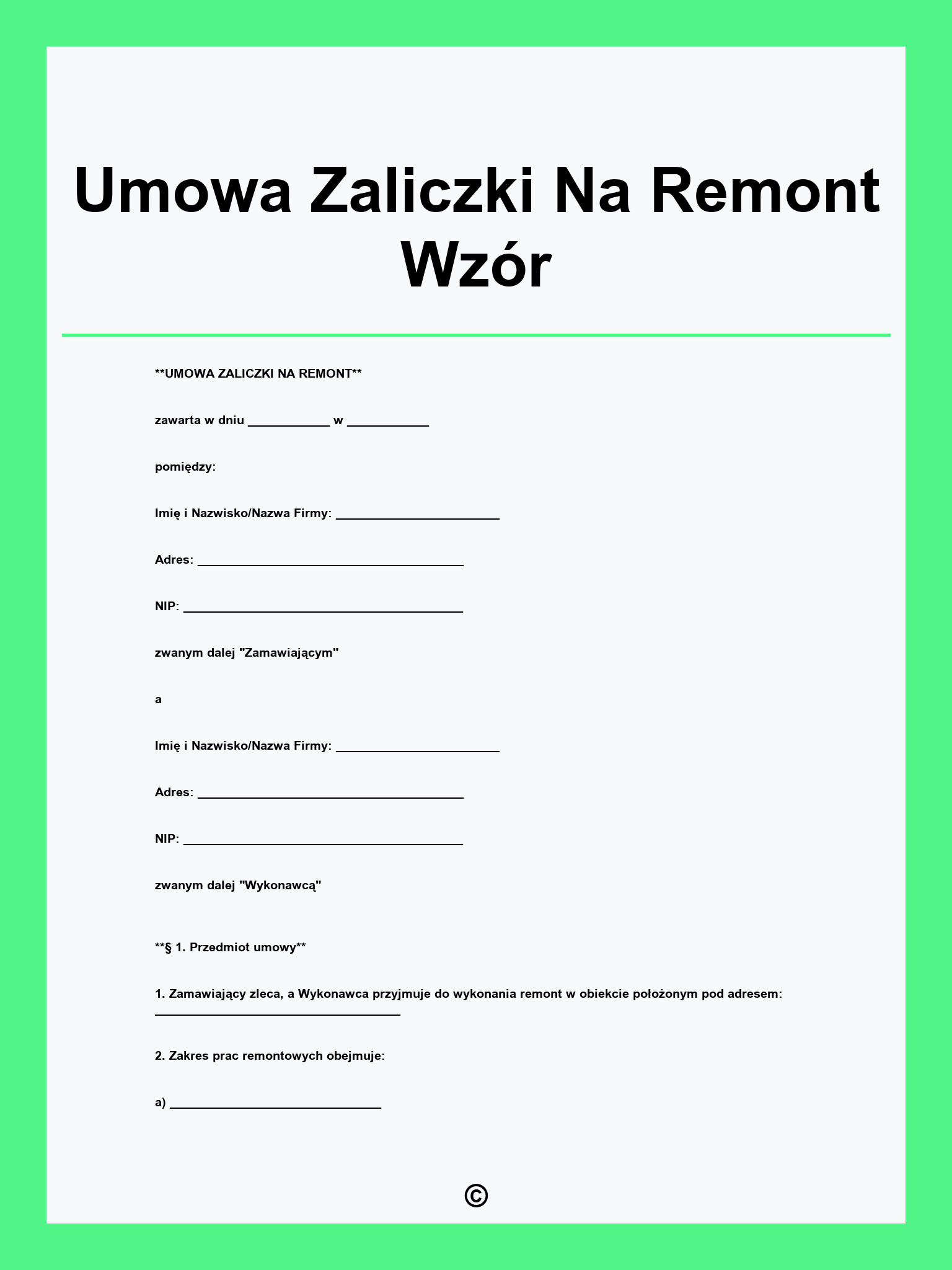Umowa Zaliczki Na Remont Wzór
